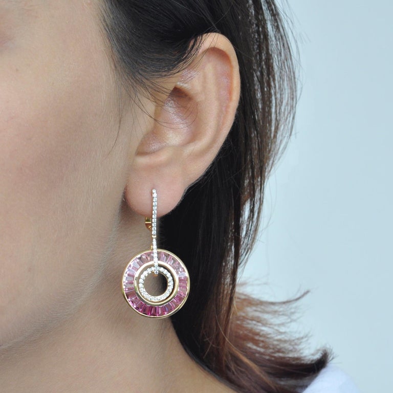 Art Deco Style 18 Karat Gold Pink Tourmaline Baguette Diamond Circular ...