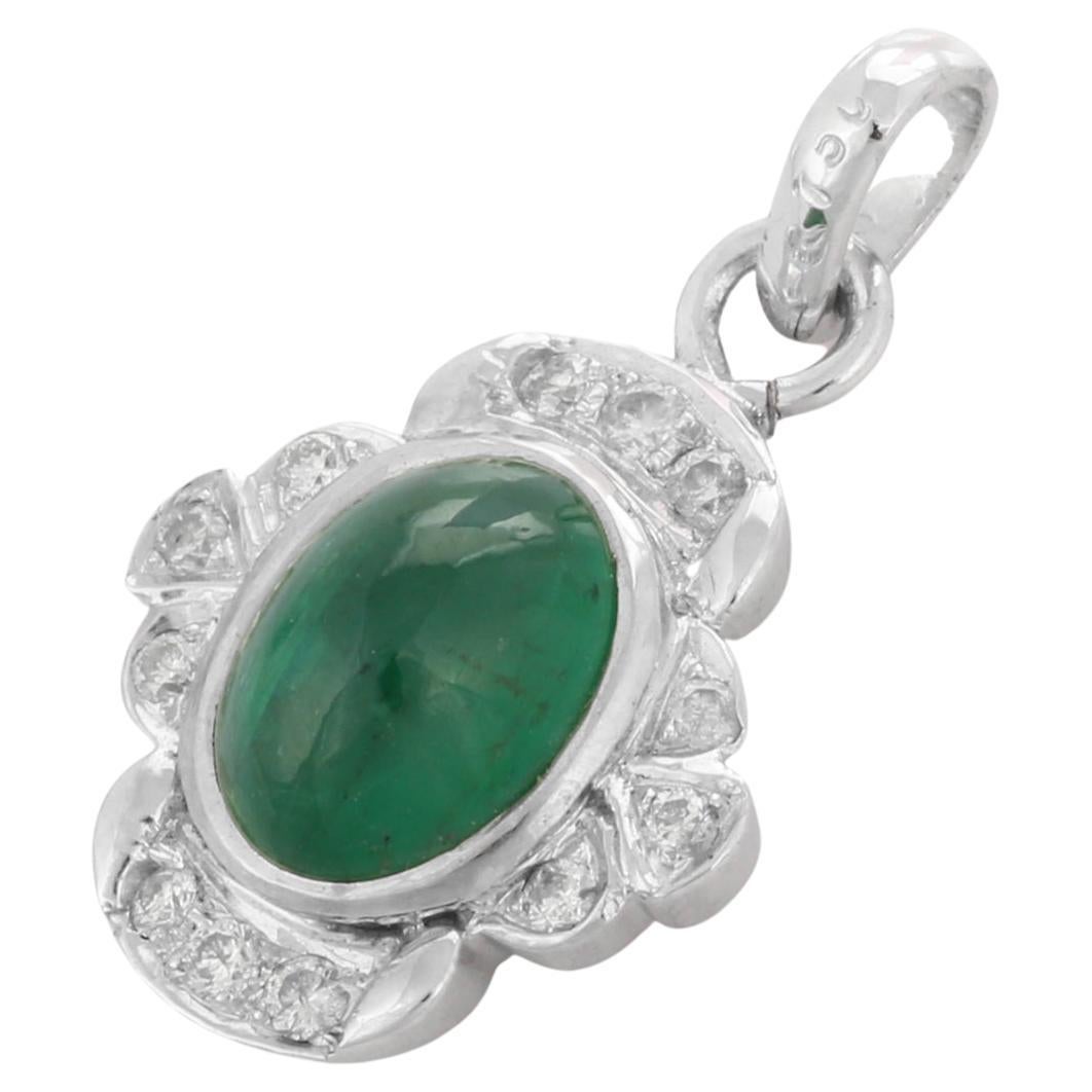 Opal with Emerald and Diamond Art Deco Style Pendant in 18K White Gold ...