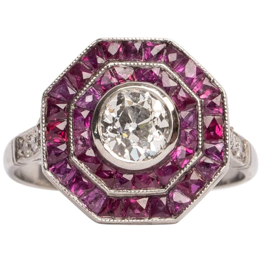 Art Deco Style .80 Carat Old European Cut Diamond Platinum Ruby Double ...