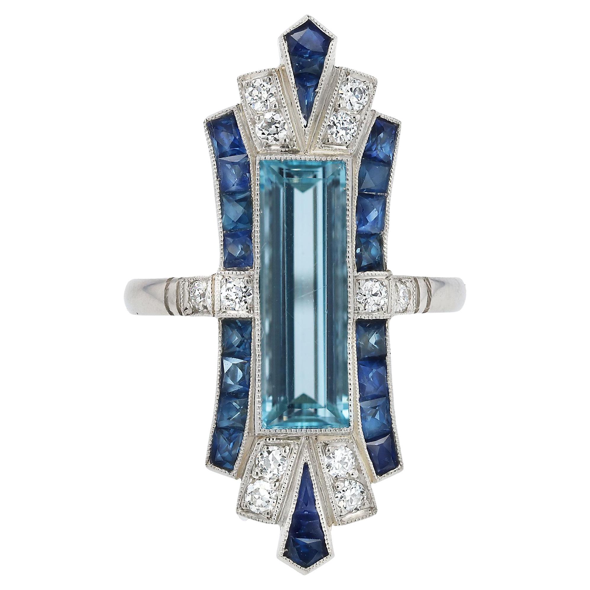 Art Deco Style Aquamarine Sapphire and Diamond Elongated Cocktail Ring ...