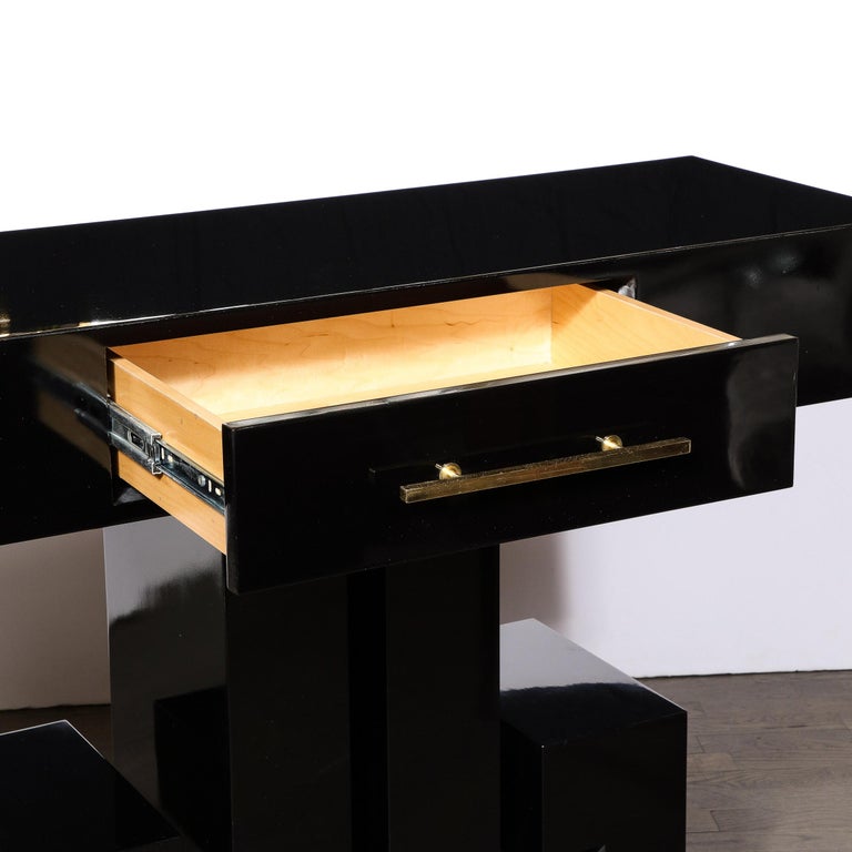 Art Deco Style Black Lacquer Greek Key Console with Brass Pull and ...