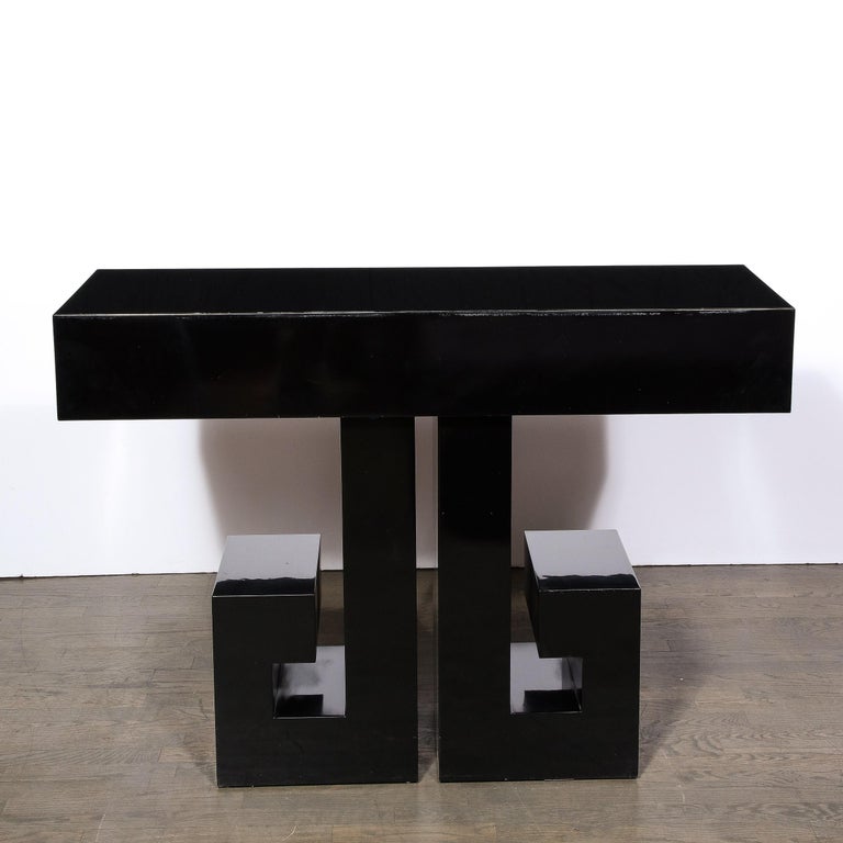 Art Deco Style Black Lacquer Greek Key Console with Brass Pull and ...