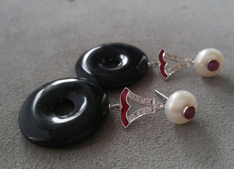 Art Deco Style Black Onyx Pearl Ruby Gold Enamel Diamonds Dangling ...