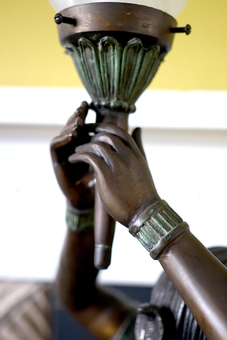 Art Deco Style Bronze Verdigris Statue with Woman Pharoah Holding ...