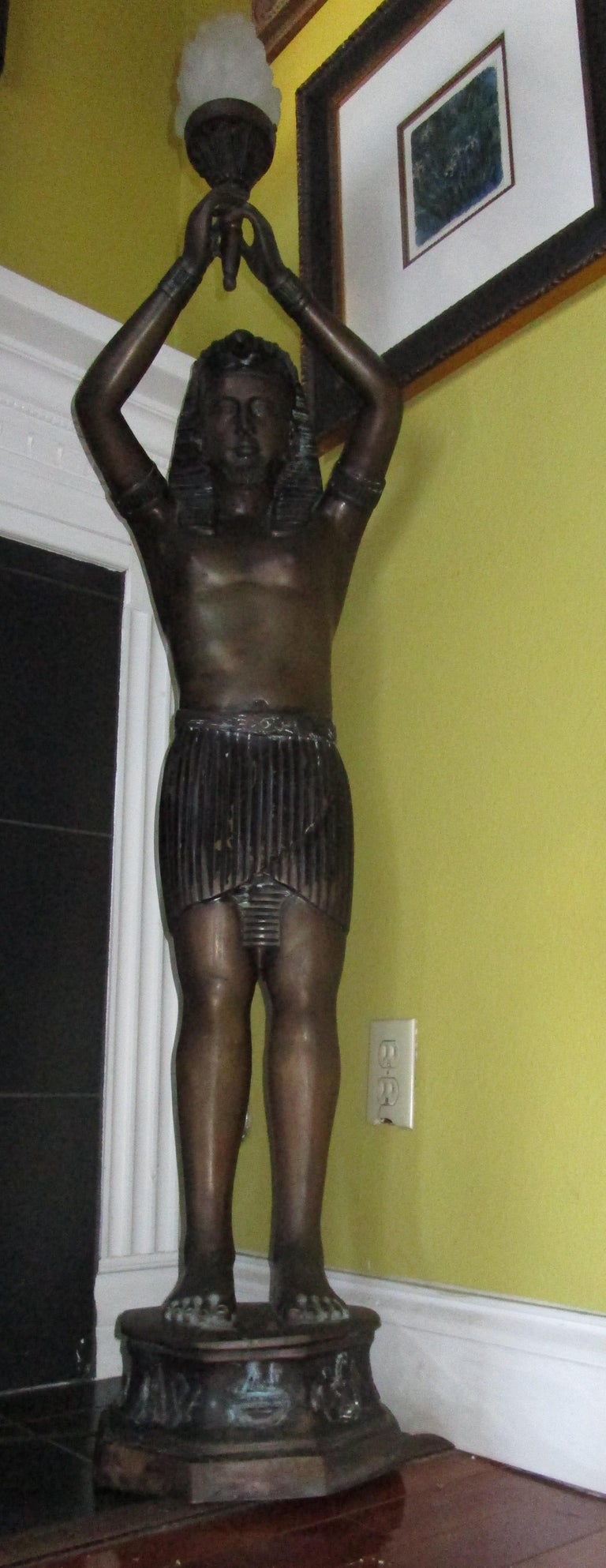 Art Deco Style Bronze Verdigris Statue with Pharaoh Holding Torchiere ...