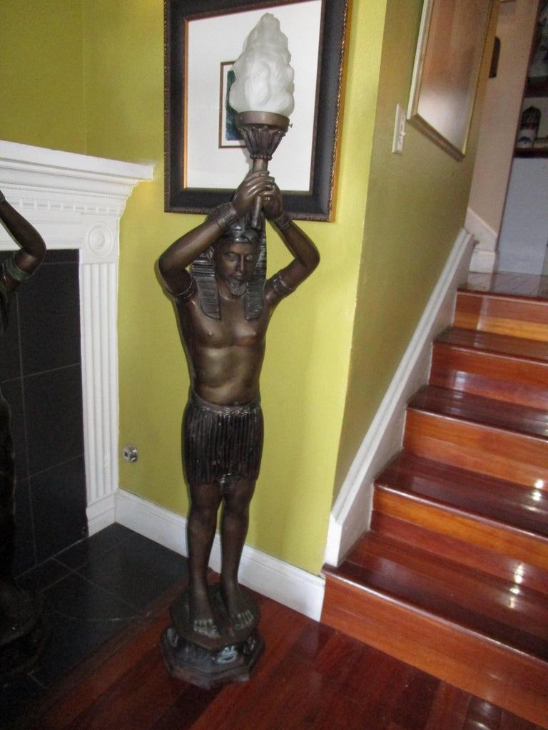 Art Deco Style Bronze Verdigris Statue with Pharaoh Holding Torchiere ...