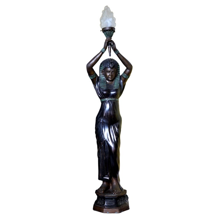 Art Deco Style Bronze Verdigris Statue with Woman Pharoah Holding ...