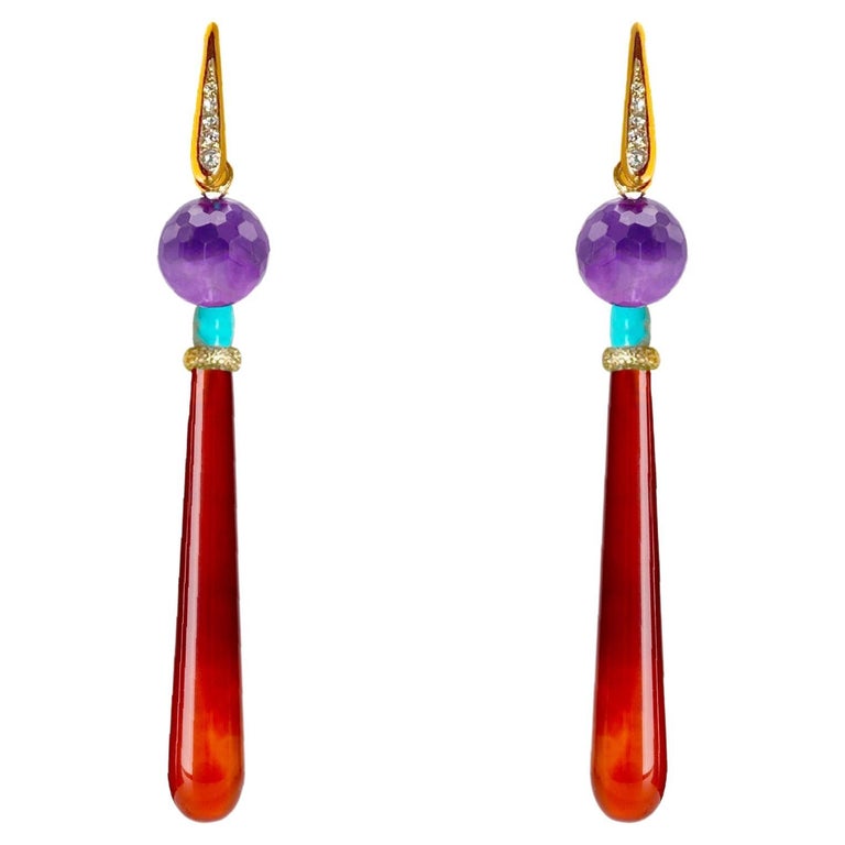 Ohrring aus 18 Karat Gelbgold mit Karneol- Amethyst-Diamanten im Art déco-Stil im Angebot bei ...