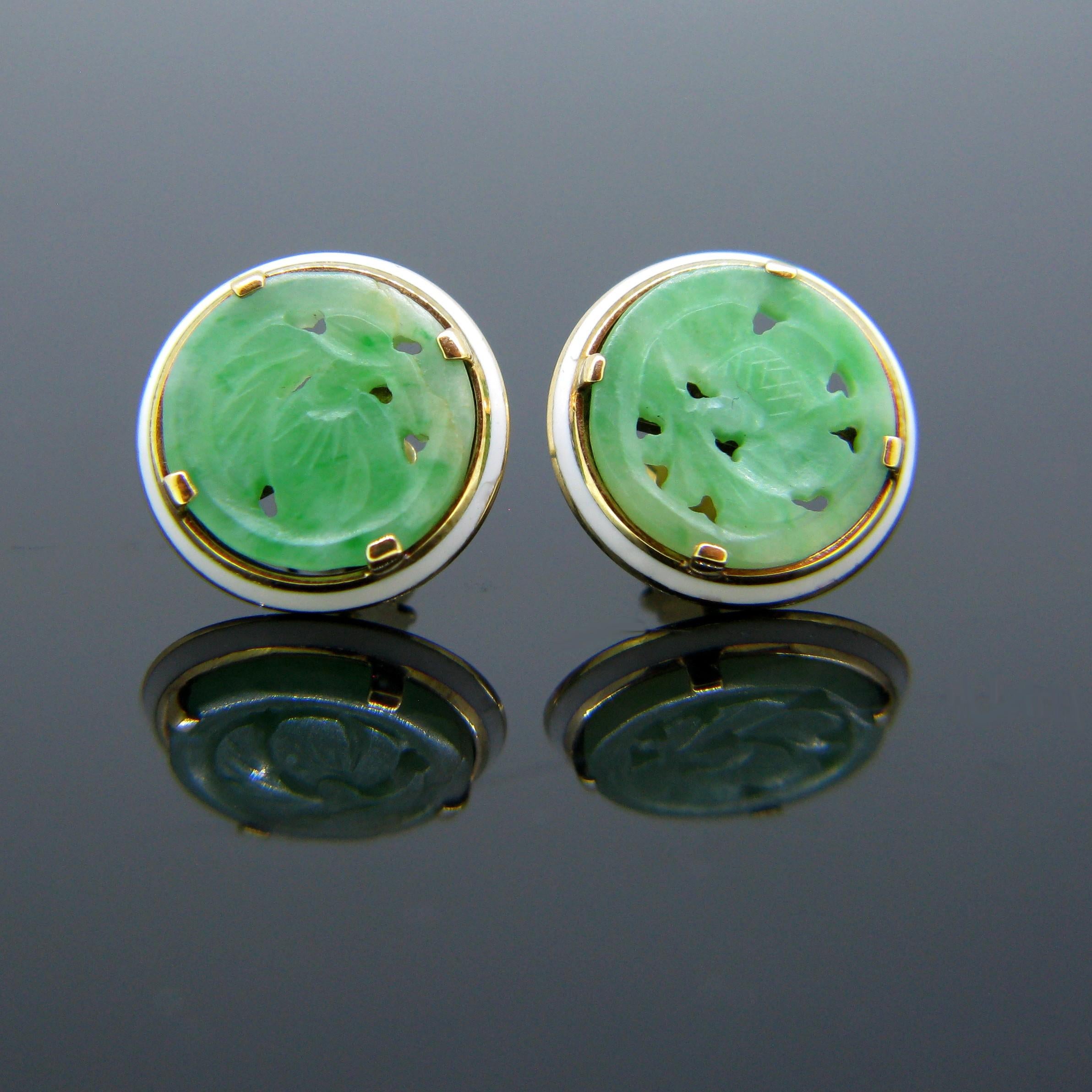 Art Deco Style Cartier New York Carved Jade Enamel Yellow Gold Earrings ...