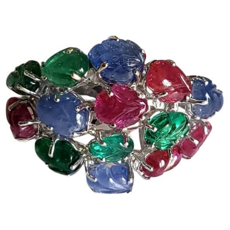 Art Deco style, carved Emerald, Ruby and Blue Sapphire Tutti Frutti ...