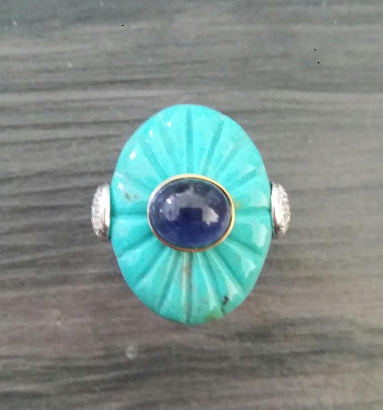 Customizable Art Deco Style Carved Turquoise Blue Sapphire Cab Gold ...