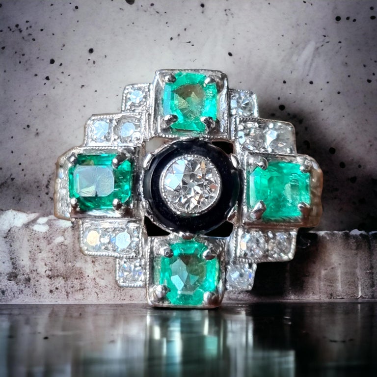 Art-Deco Style Cross Shaped Design Emerald, Diamond and Onyx Cocktail ...