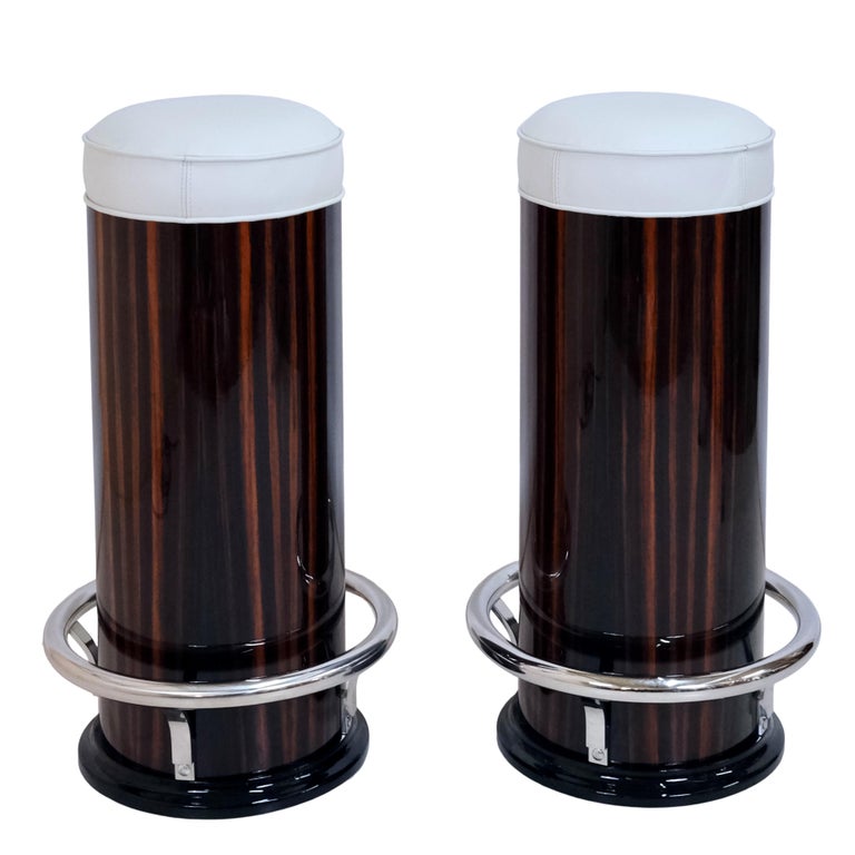 Art Deco Style Cylindrical bar Stools in Macassar and Leather with ...