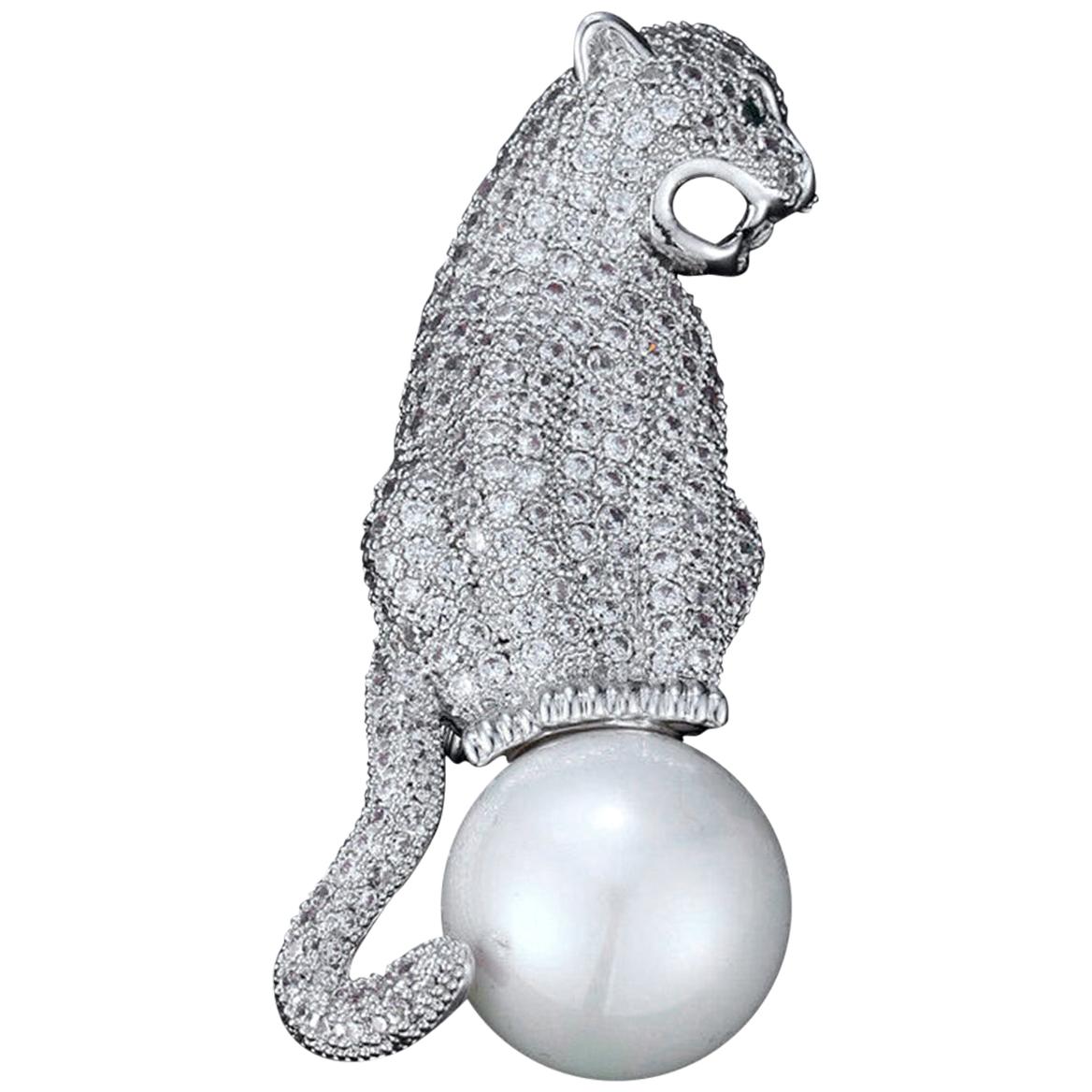 Art Deco Style Diamanté Jaguar Panther Pearl Brooch Pin For Sale at ...