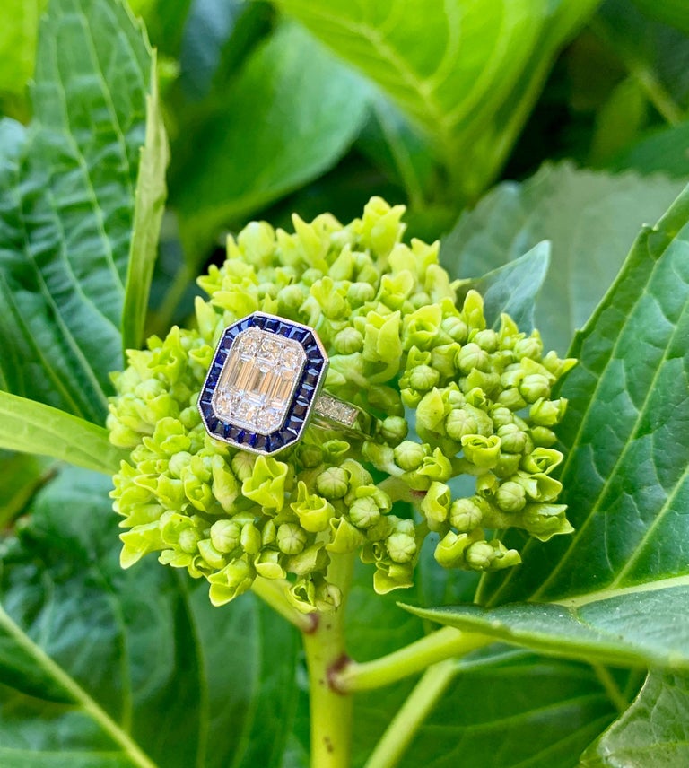 Art Deco Style Diamond and Blue Sapphire Calibre Cut 18 Karat White ...