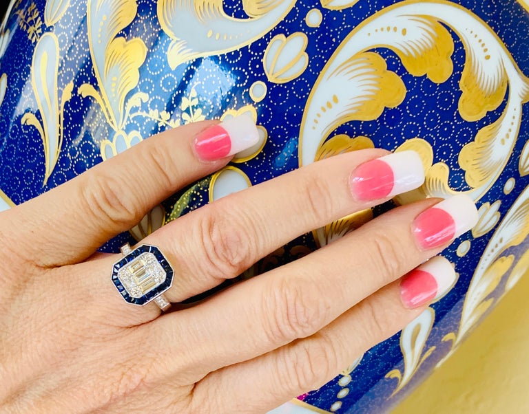 Art Deco Style Diamond and Blue Sapphire Calibre Cut 18 Karat White ...