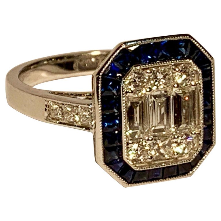 Art Deco Style Diamond and Blue Sapphire Calibre Cut 18 Karat White ...