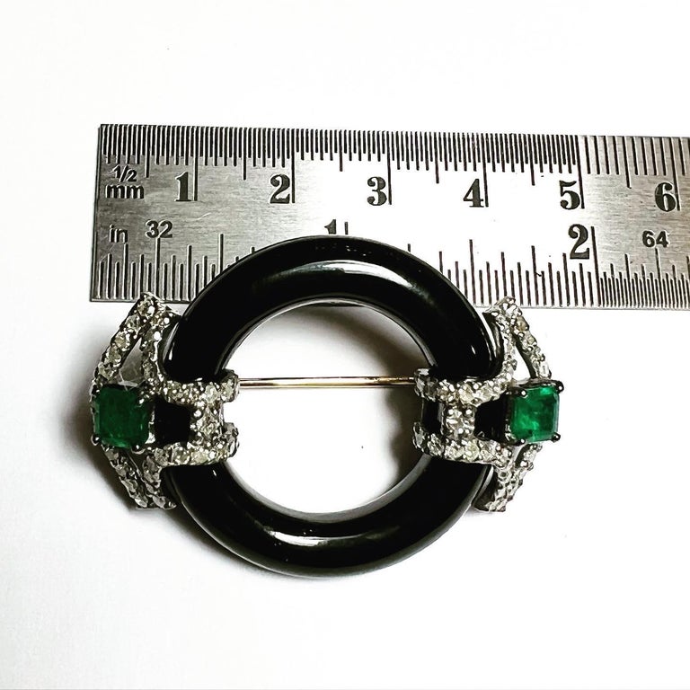 Art Deco Style Diamond Emerald Onyx 14k Gold Round Brooch For Sale at ...
