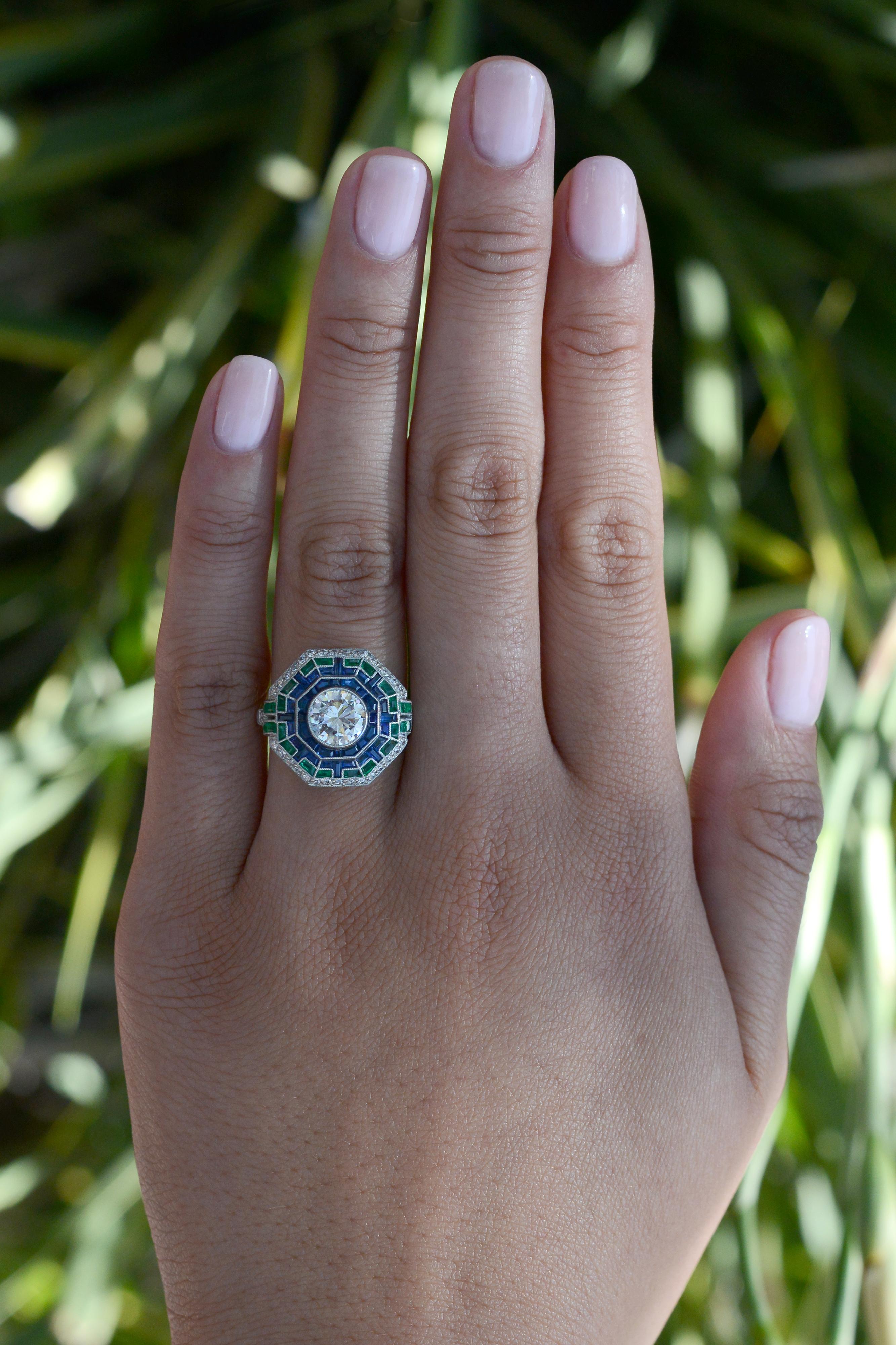 Art Deco Style Diamond Emerald Sapphire Mosaic Cocktail Ring at 1stDibs