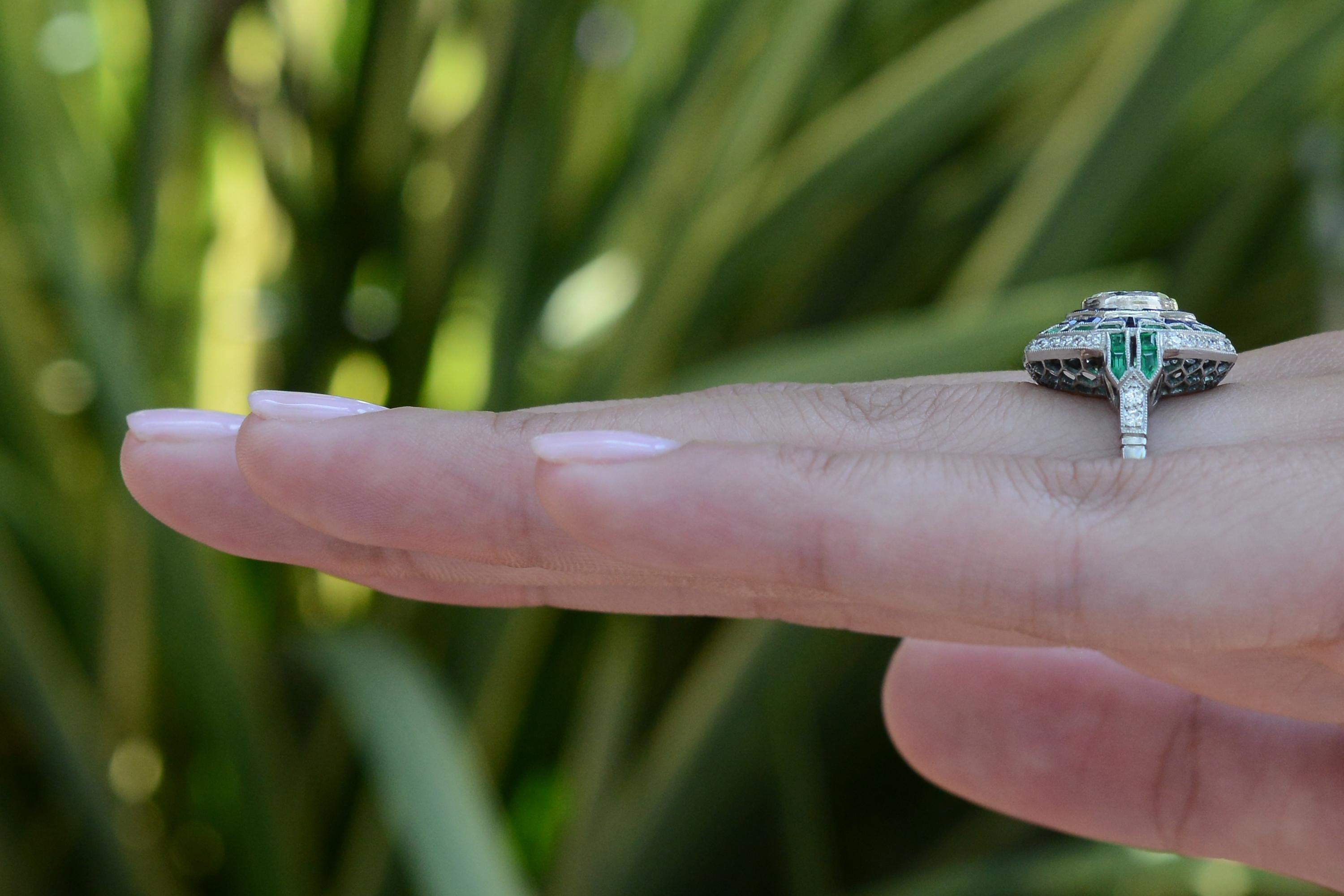 Art Deco Style Diamond Emerald Sapphire Mosaic Cocktail Ring at 1stDibs