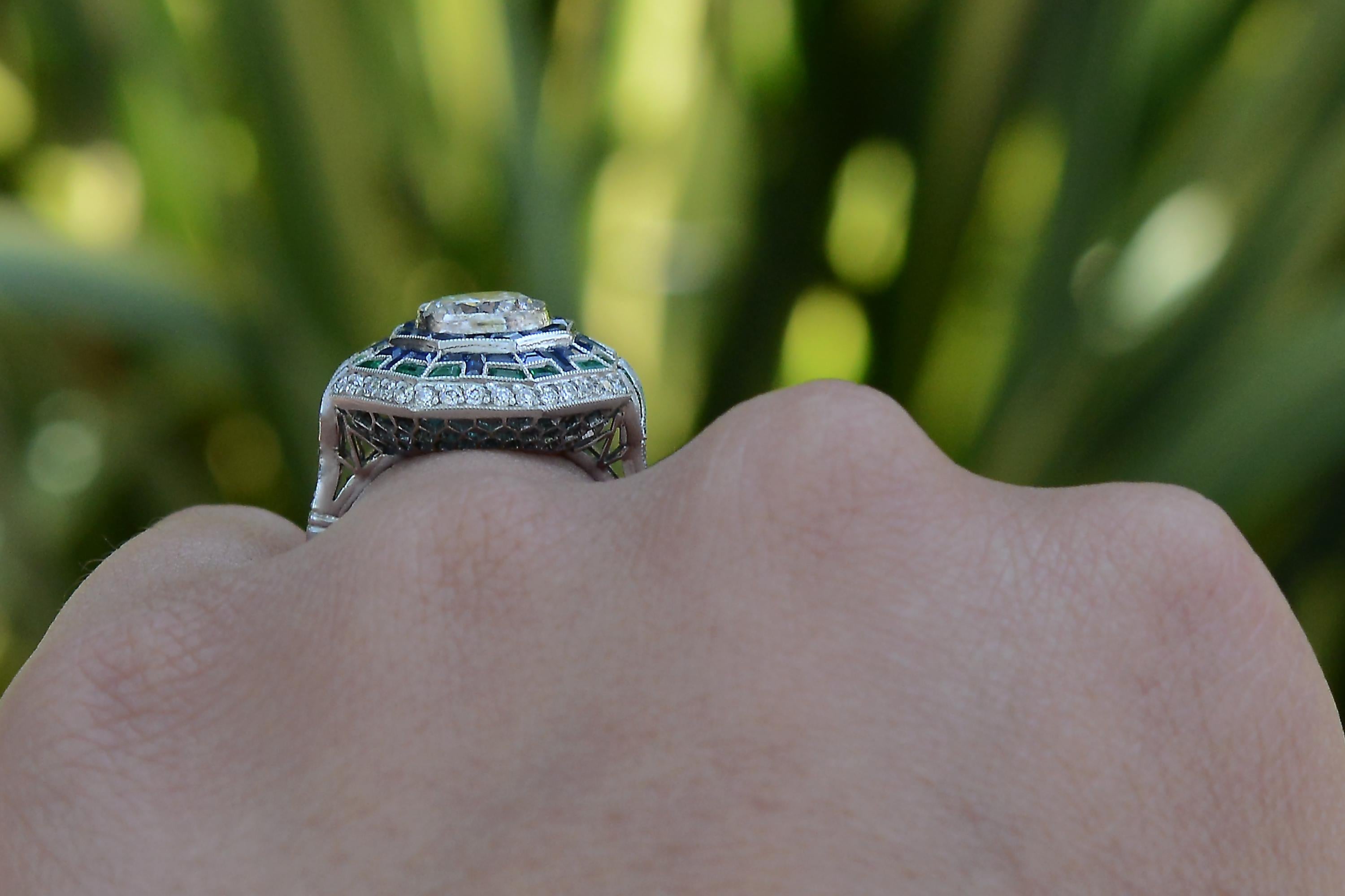 Art Deco Style Diamond Emerald Sapphire Mosaic Cocktail Ring at 1stDibs