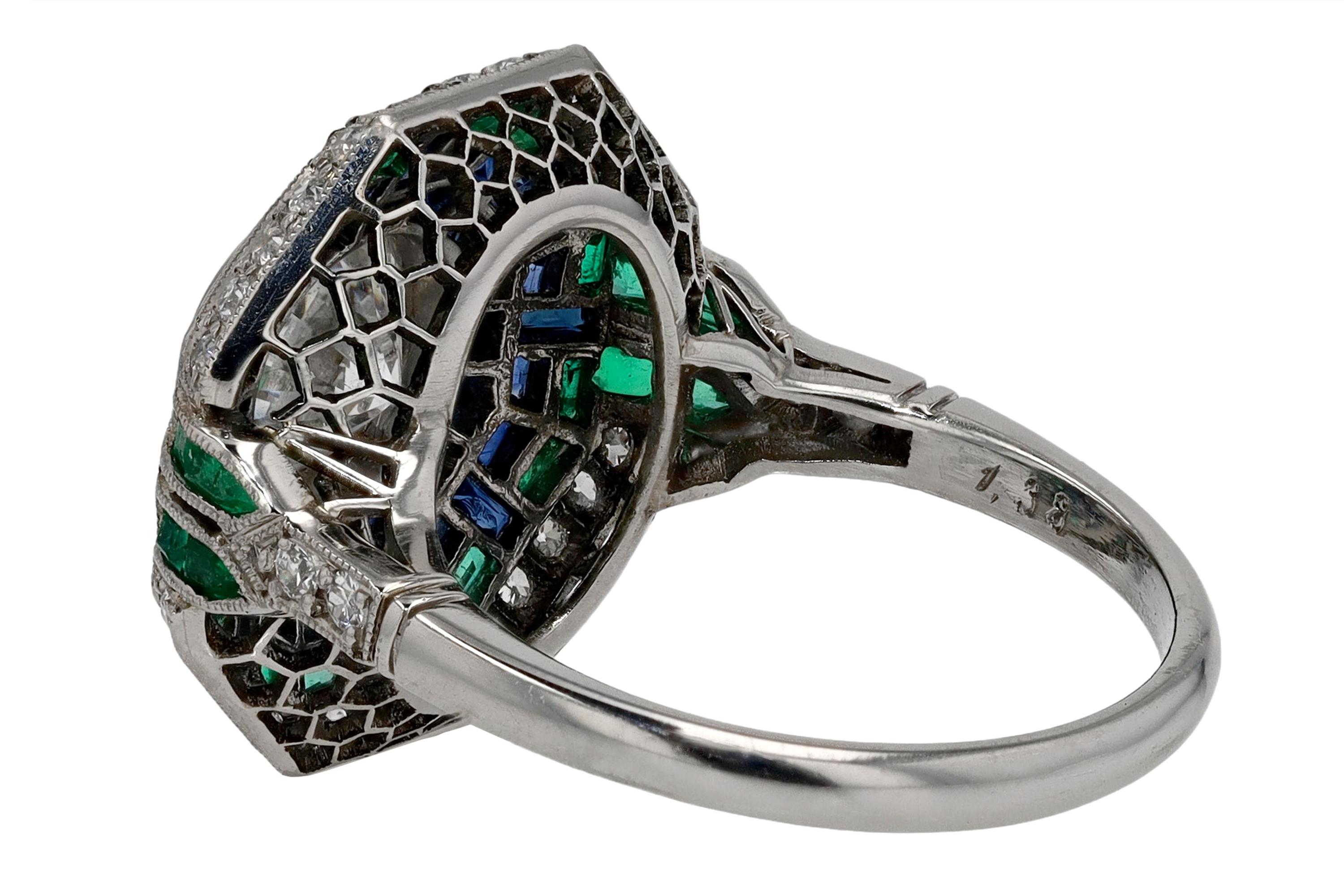 Art Deco Style Diamond Emerald Sapphire Mosaic Cocktail Ring at 1stDibs