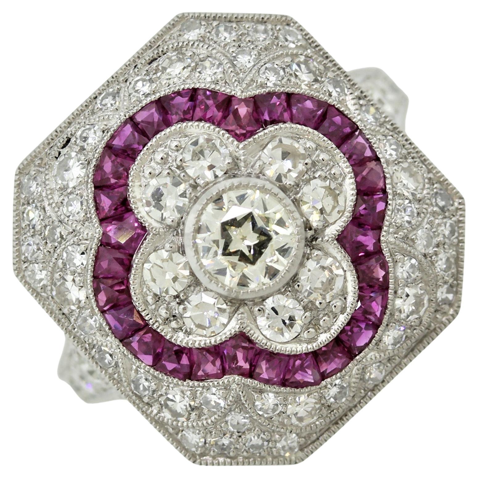 Art Deco Ruby Diamond Platinum Ring For Sale at 1stDibs