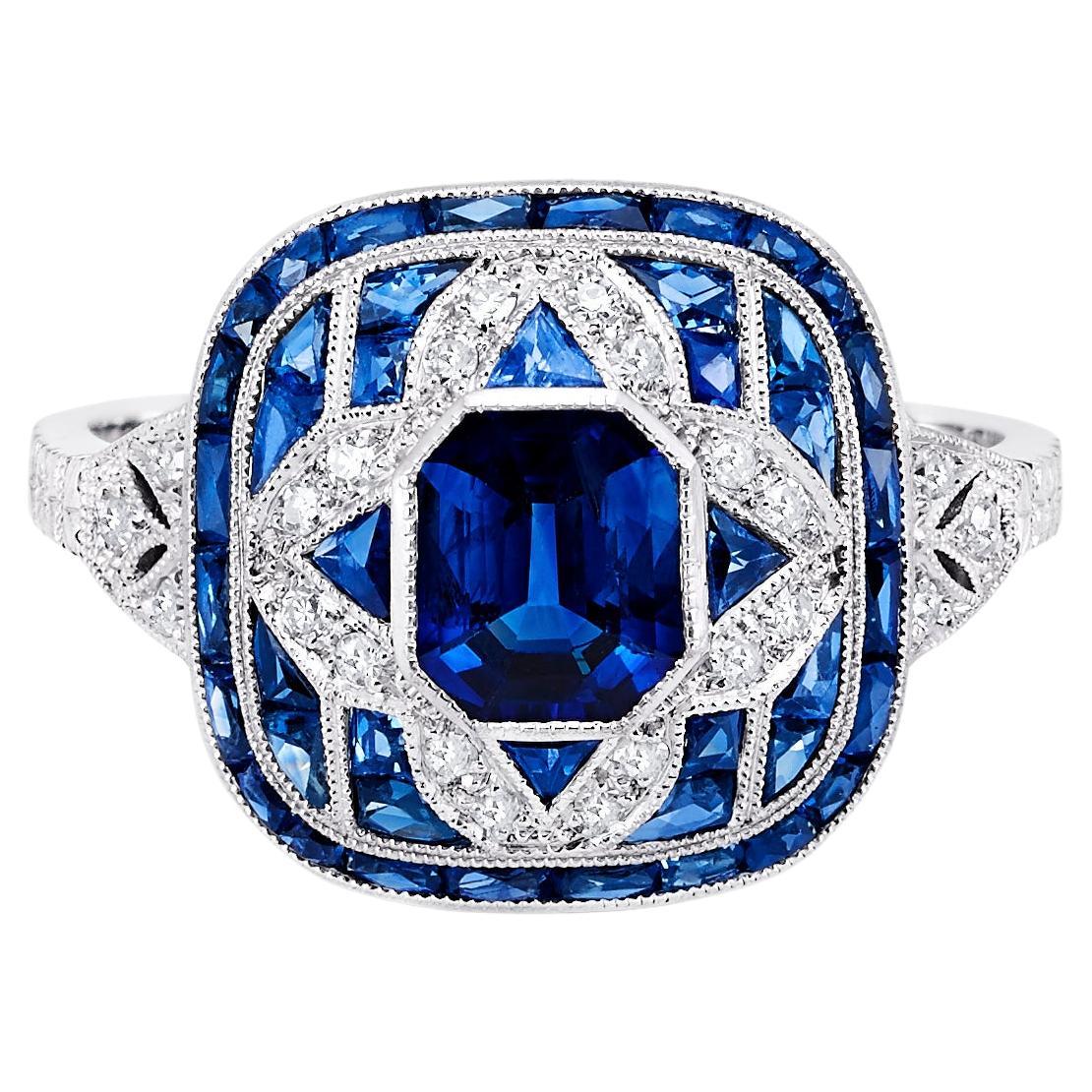 .69 Carat Emerald-Cut Art Deco Style Diamond and Calibre Sapphire Ring ...