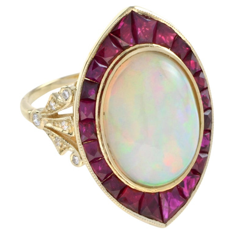 Art Deco Style Ethiopian Opal and Ruby Accent Cocktail Ring in 18k Yellow Gold For Sale at 1stDibs