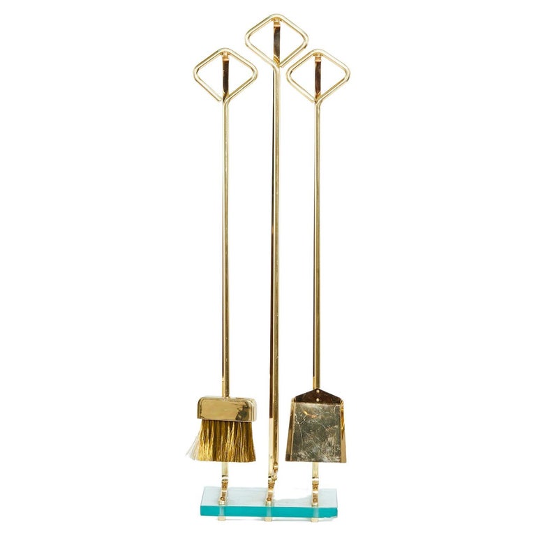Art Deco Style Glass Base / Brass Italian Fire Tool Set For Sale at 1stDibs