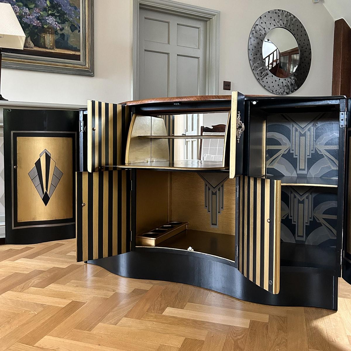 Art Deco Style Hand Painted Walnut Veneered Cocktail Bar Cabinet For ...