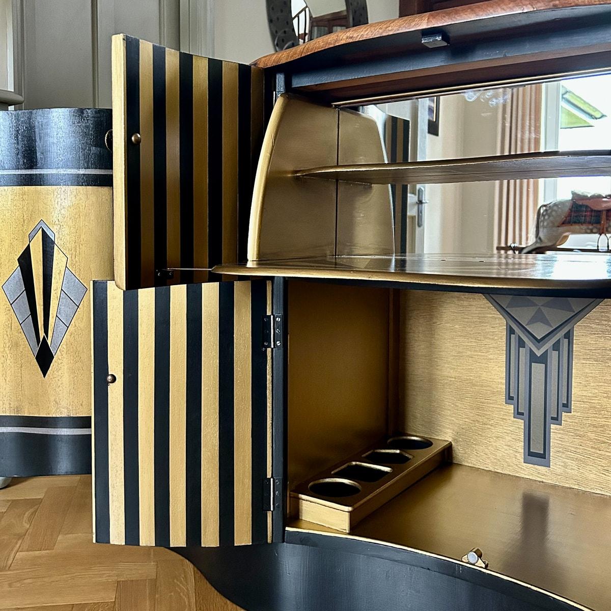 Art Deco Style Hand Painted Walnut Veneered Cocktail Bar Cabinet For ...