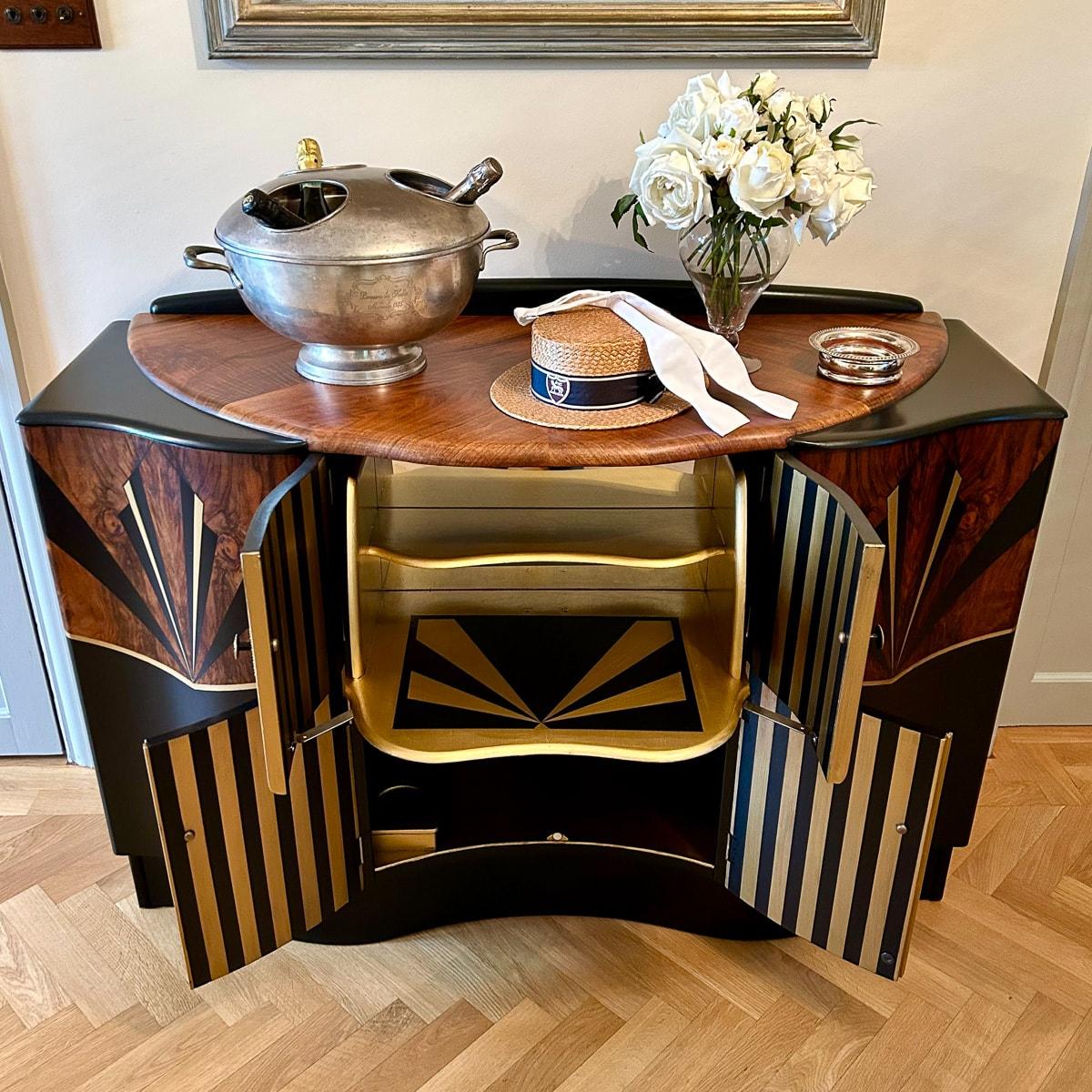 Art Deco Style Hand Painted Walnut Veneered Cocktail Bar Cabinet For ...