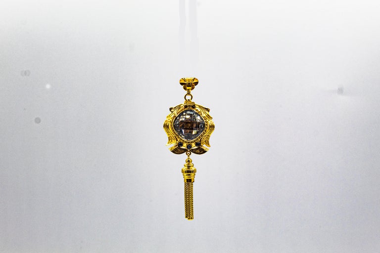 Art Deco Style Handcrafted Blue Topaz Ruby Yellow Gold Pendant Necklace ...