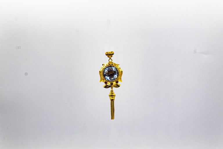Art Deco Style Handcrafted Blue Topaz Ruby Yellow Gold Pendant Necklace ...