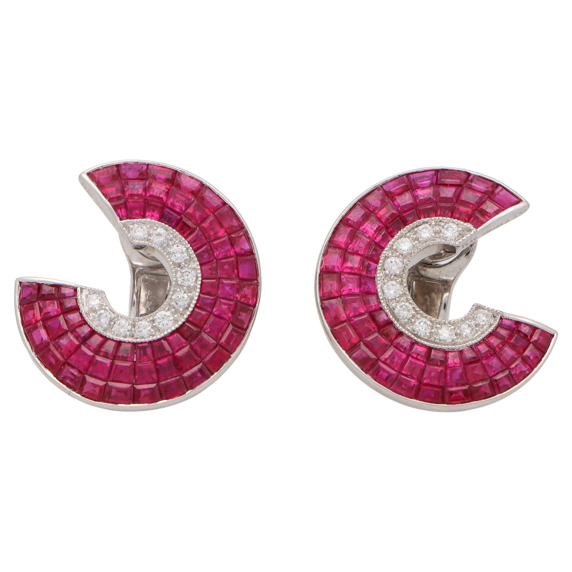 Invisible Set Ruby Diamond Gold Platinum Earrings For Sale at 1stDibs ...