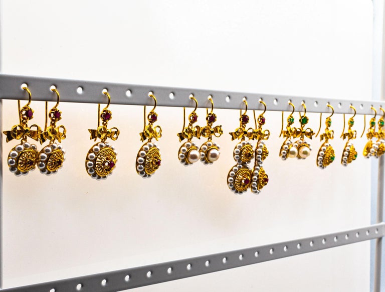 Art Deco Style Micro Pearls 0.70 Carat Ruby Yellow Gold Drop Stud ...