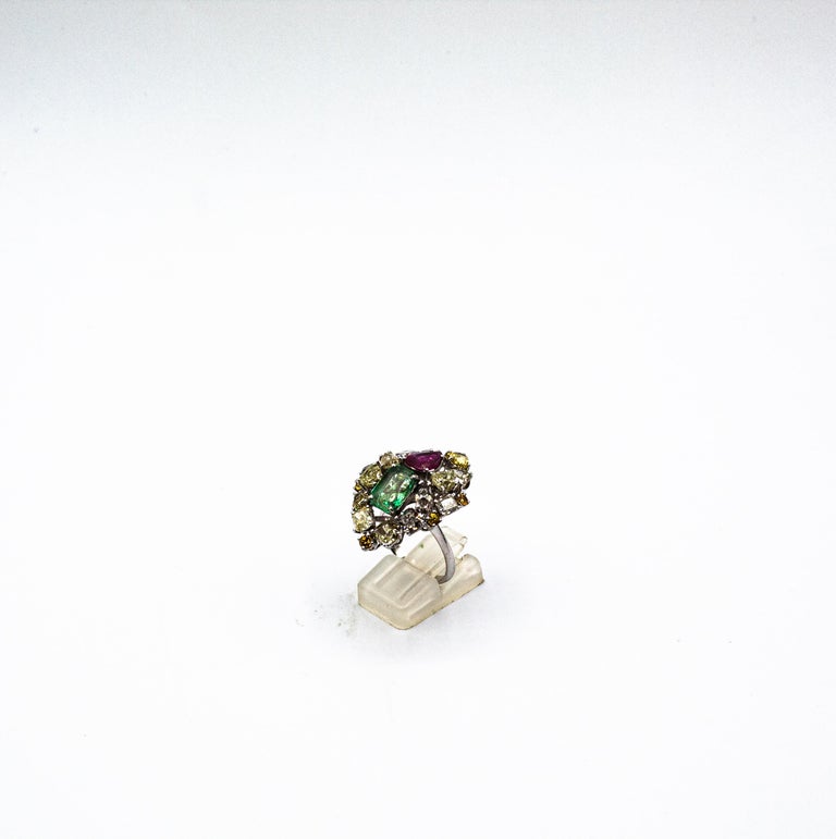 Art Deco Style Mixed Cut Diamond Emerald Pear Cut Ruby White Gold ...