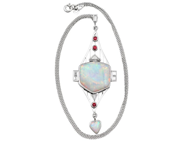 Art Deco Style Opal Diamond and Ruby Pendant in Platinum For Sale at ...