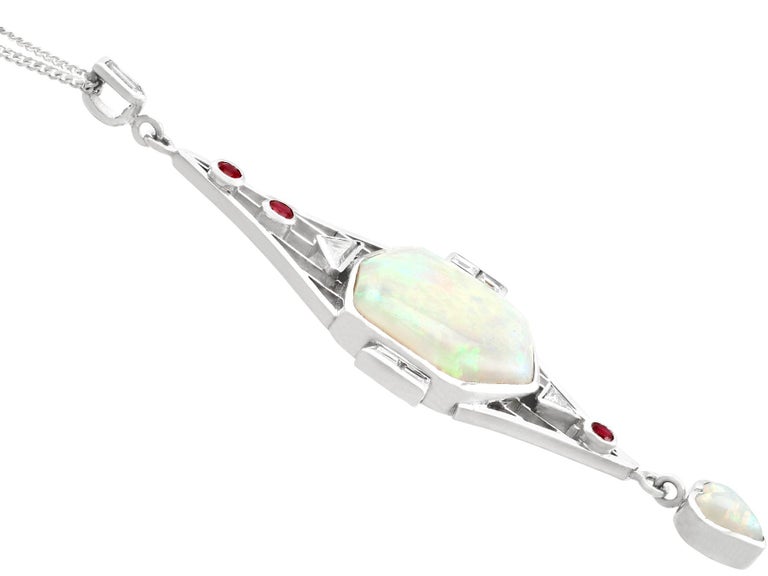 Art Deco Style Opal Diamond and Ruby Pendant in Platinum For Sale at ...