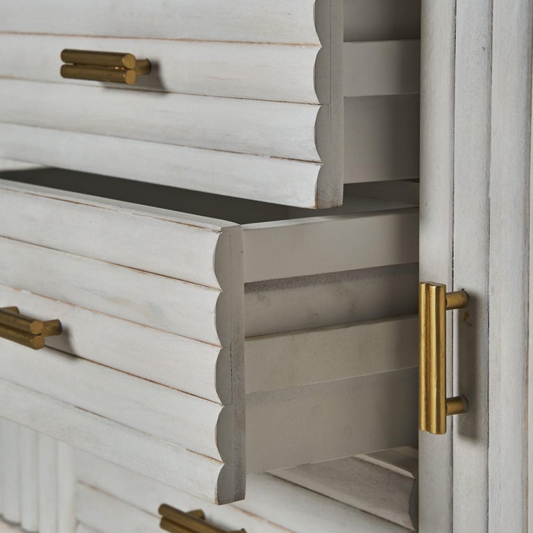 Art Deco Style Oval Marble and White Cerused Wooden and Brass Finishes ...