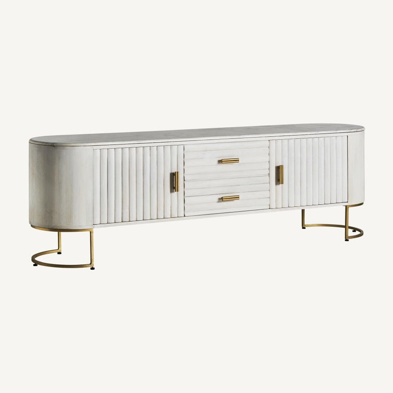 Art Deco Style Oval Marble and White Cerused Wooden and Brass Finishes ...