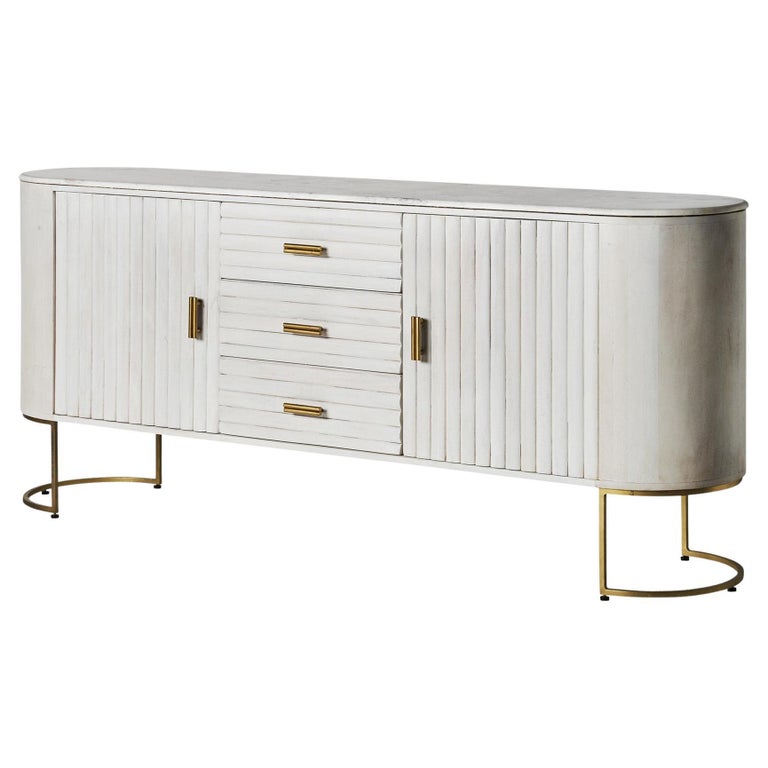 Art Deco Style Oval Marble and White Cerused Wooden and Brass Finishes ...