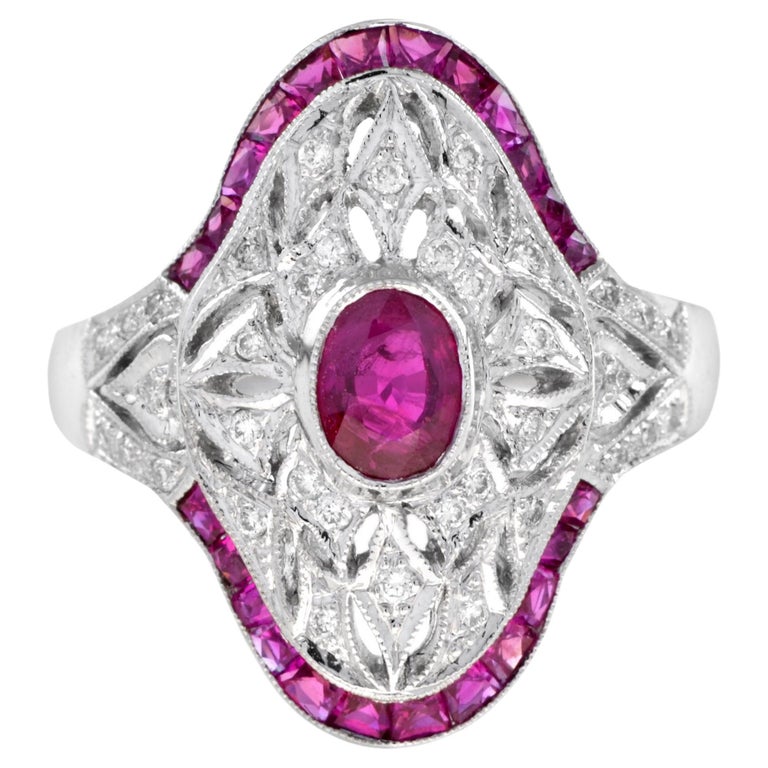 Art Deco Style Oval Ruby and Diamond Cocktail Ring in 18K White Gold ...