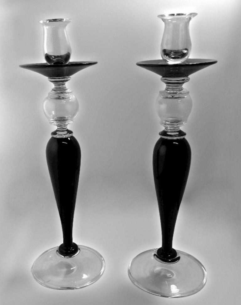 Art Deco Style Pair of Black Crystal Italian Candlesticks For Sale at ...