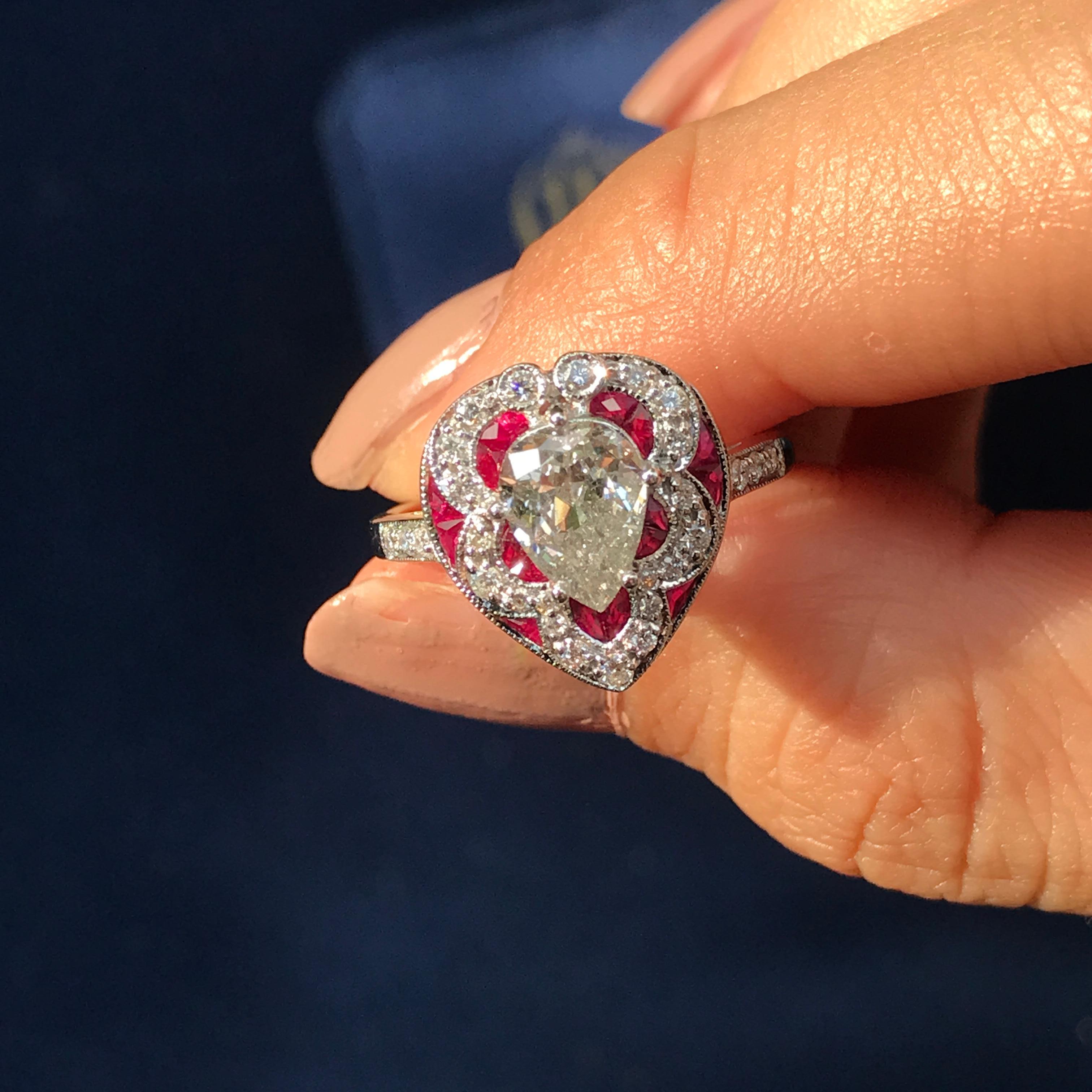 Art Deco Style Pear Shaped GIA Diamond with Ruby Accent Gold Ring in ...