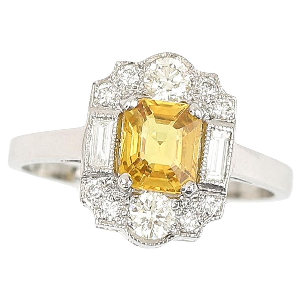 Art Deco Style Platinum 1 Carat Yellow Sapphire and 0.50 Carat Diamond ...