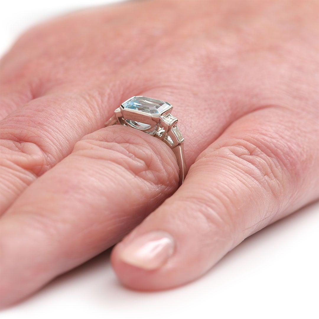 Art Deco Style Platinum Square Cut Aquamarine and Baguette Diamond Ring ...