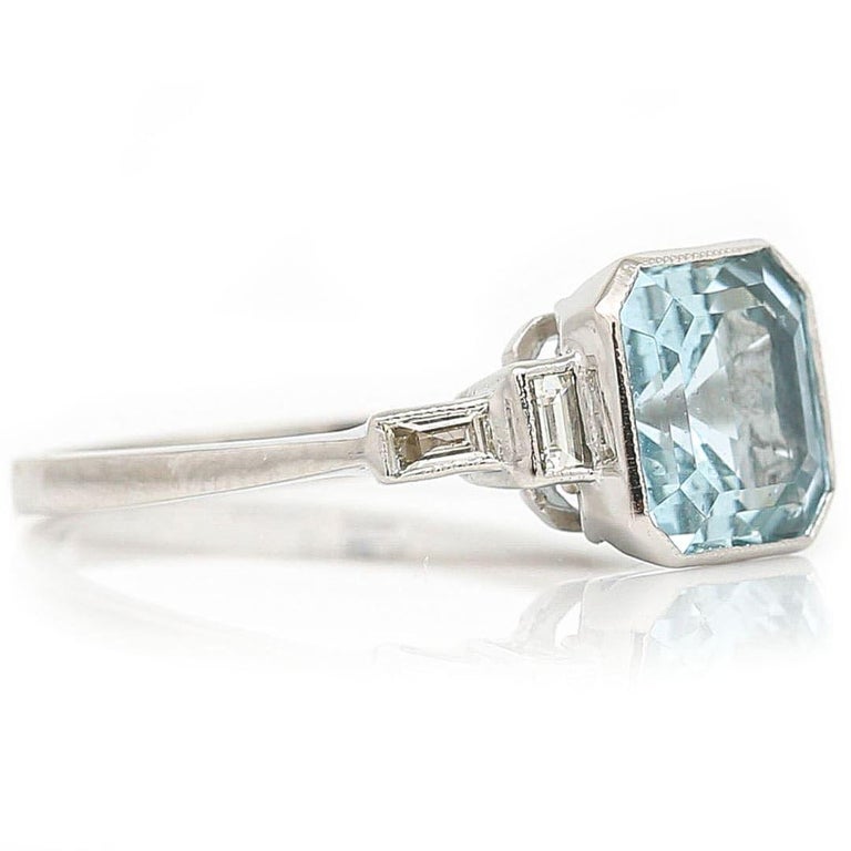 Art Deco Style Platinum Square Cut Aquamarine and Baguette Diamond Ring ...