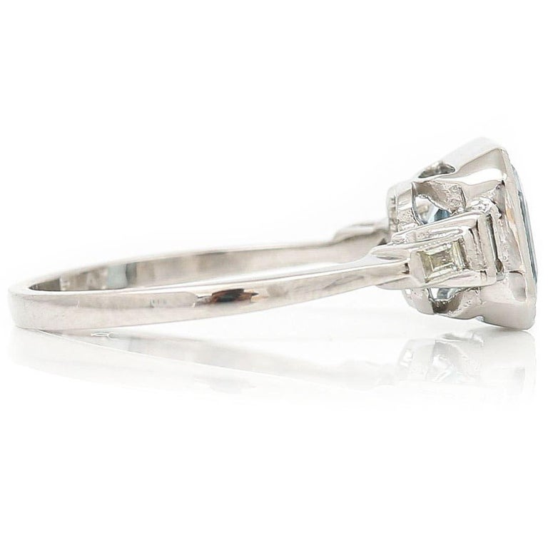Art Deco Style Platinum Square Cut Aquamarine and Baguette Diamond Ring ...